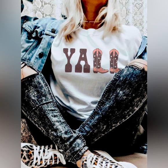 Mia & Penelope | Tops | Yall White Tshirt With Cowboy Boots For The ...